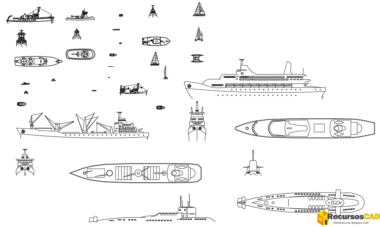 Bloques DWG de Buque de Carga, Barcos y Submarinos para AutoCAD Gratis - RecursosCAD
