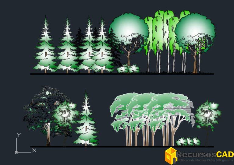 Bloques AutoCAD Árboles, Hierbas y Arbustos en planta y alzado a color ...