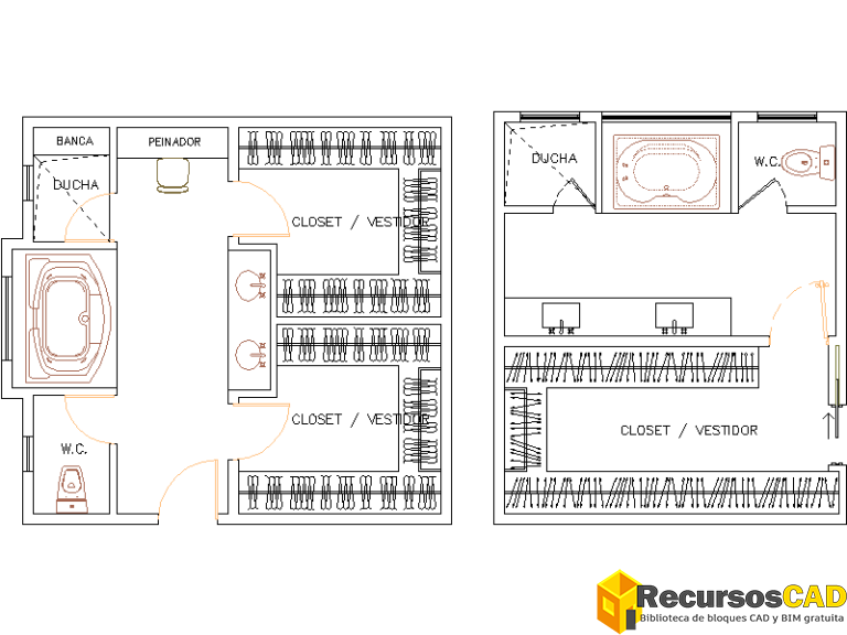 Bloques AutoCAD: Planos de baño con jacuzzi, closet en formato dwg CAD ...