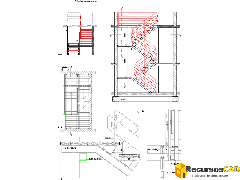 Descarga Bloques DWG: Desarrollo de Detalles de Escaleras en Plantas y ...