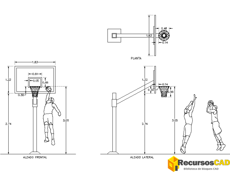 Bloques DWG de tablero y canasta de baloncesto con medidas precisas ...