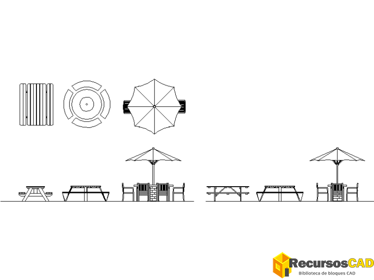 Bloques DWG de Mesa con sombrilla para terraza - RecursosCAD
